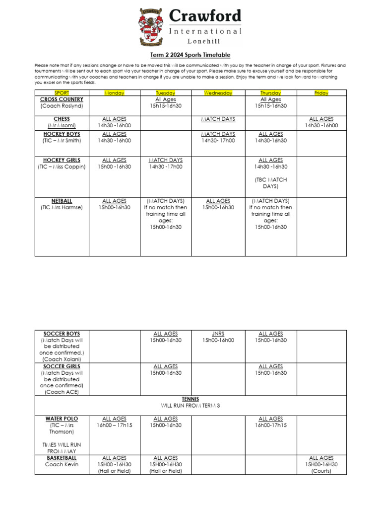 Term 2 2024 Sports Timetable | PDF | Sports