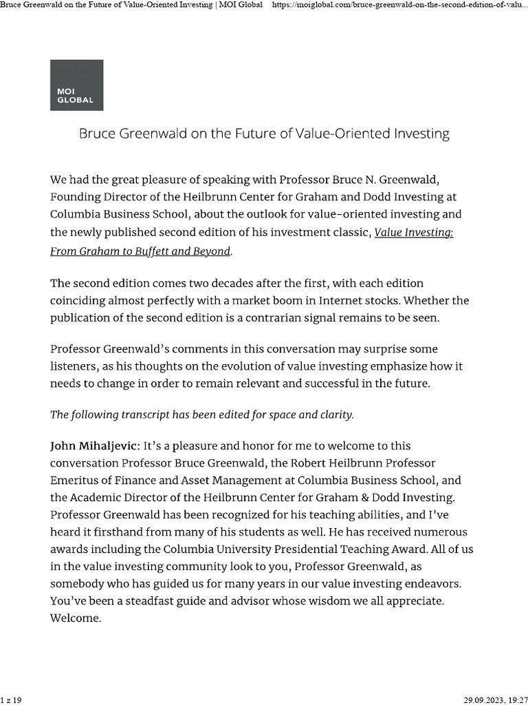 Greenwald on Value Investing's Future | PDF