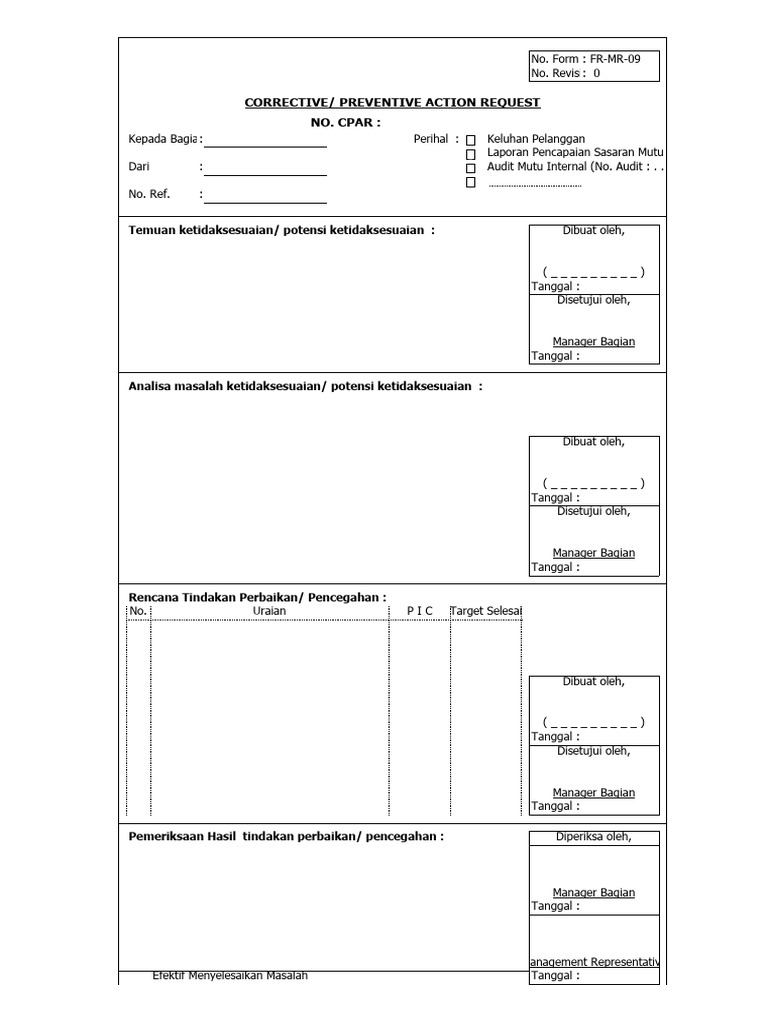Example Form Corrective Preventif Action | PDF
