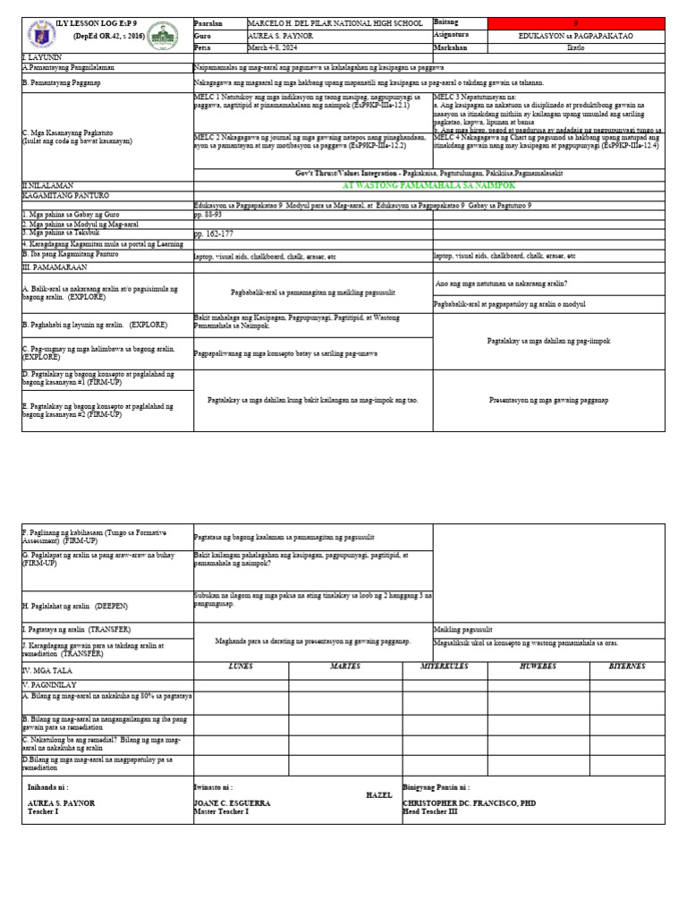 3Q DLL EsP9 Kasipagan, Pagpupunyagi W3 4 | PDF