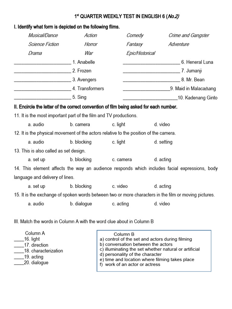 English 6 Weekly Test: Film & Story Analysis | PDF | Games & Activities ...