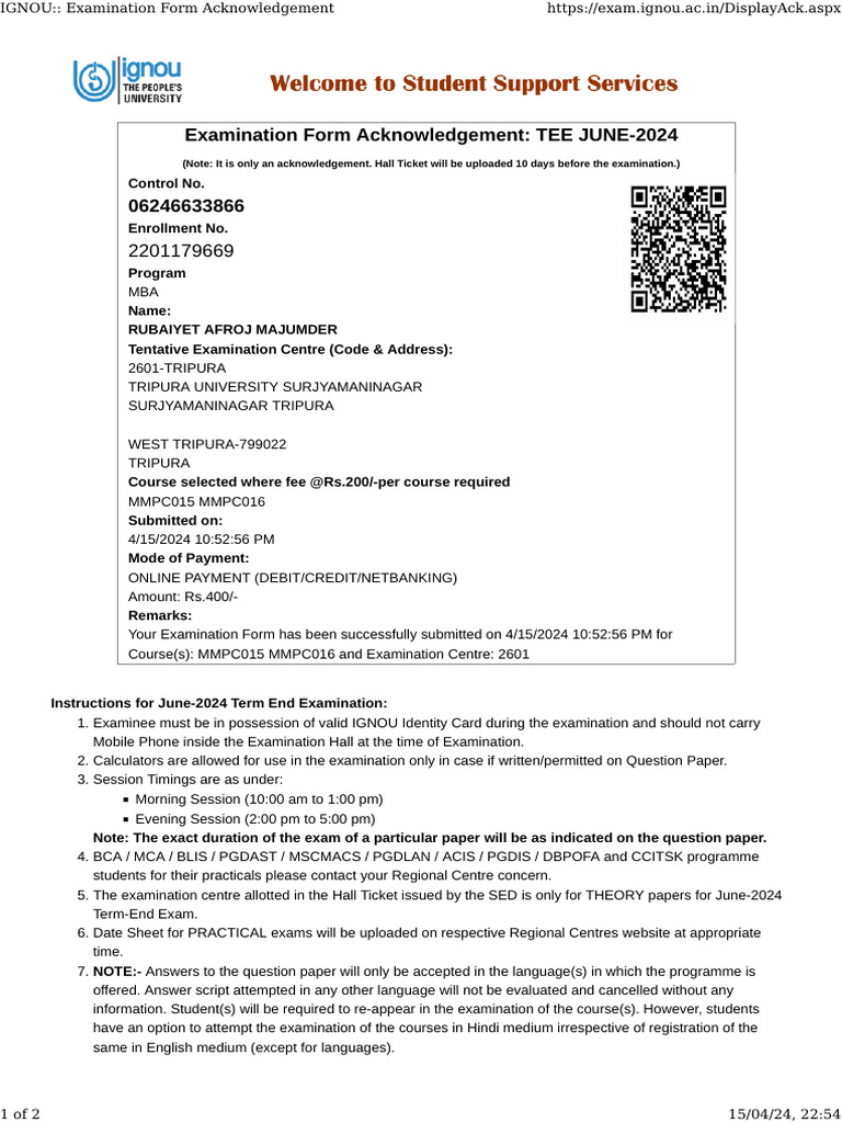 IGNOU Examination Form Acknowledgement | PDF | Banking Technology ...