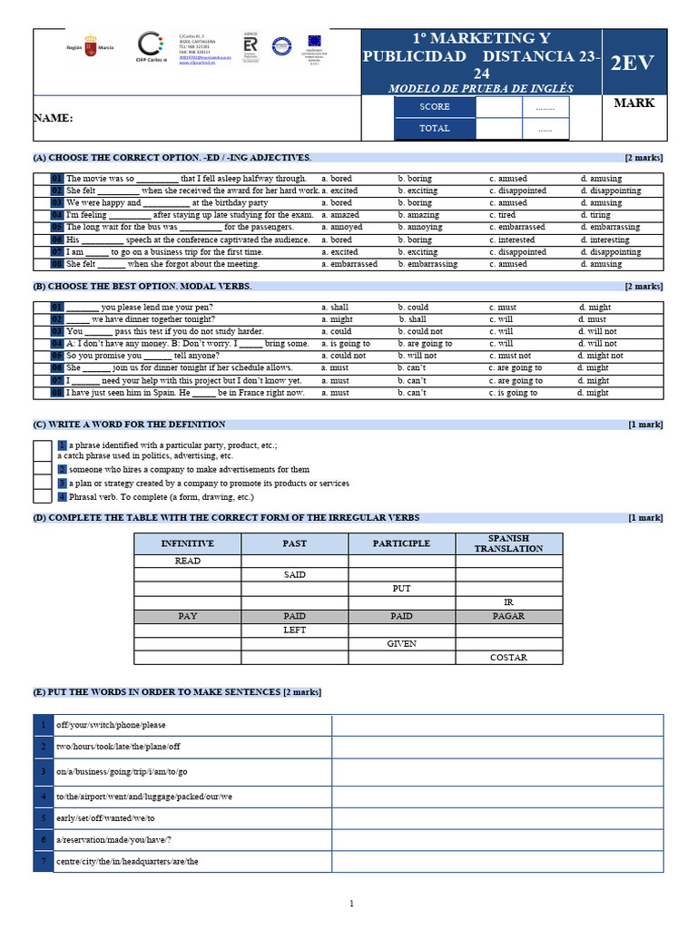 Modelo de examen 2 2nd TERM EXAM - 1MP | PDF | Verb | Marketing