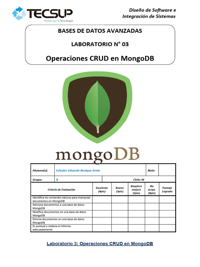Lab03-BDAV - Operaciones CRUD | PDF | Mongo Db | Unidad Central de procesamiento
