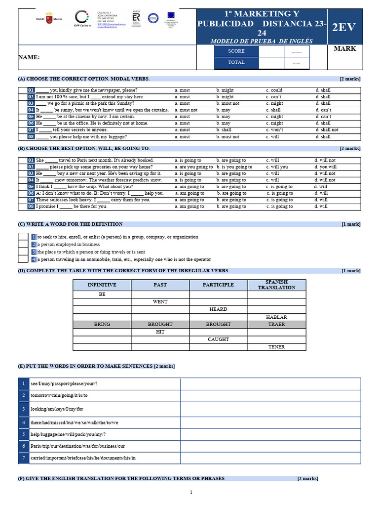 Modelo de Examen 1 2nd TERM EXAM - 1MP | Download Free PDF | Linguistics | Grammar