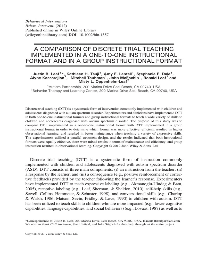 A Comparison of Discrete Trial Teaching Implemented in A One-To-One ...