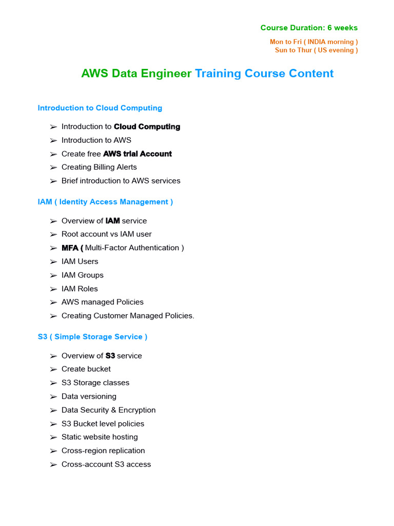 AWS Data Engineer 6 Weeks Training Course Content | PDF | Apache Spark | Amazon Web Services