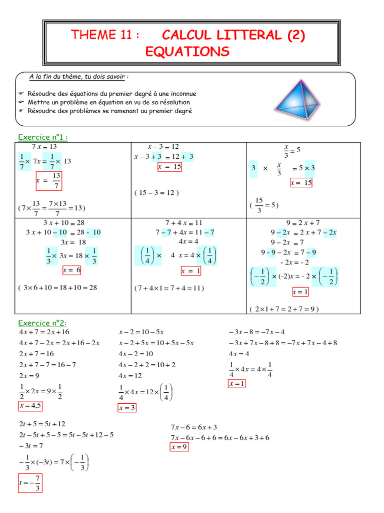 CALCUL LITTERAL (2) Équation | PDF