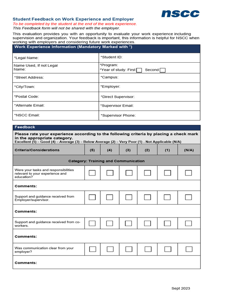 Student Work Experience Feedback Form | PDF | Employment | Labor