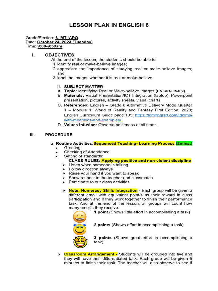 Cot 1 - Demo - Lesson Plan in English 6 | PDF | Lesson Plan | Senses