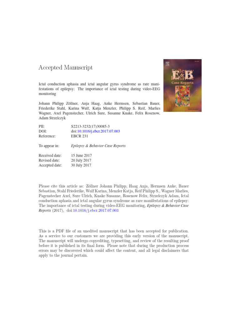 Epilepsy & Behavior Case Reports: 10.1016/j.ebcr.2017.07.003 | PDF | Aphasia | Temporal Lobe