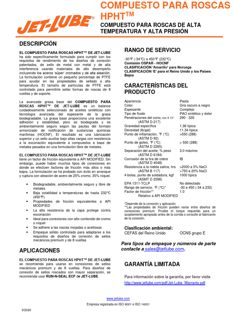 Jetlube. HPHT+Thread+Compound TDS Spanish | PDF | Rieles | Química