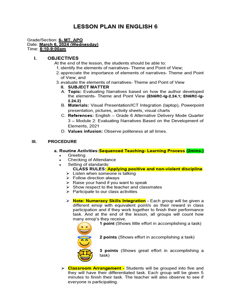 Cot 3 - Demo - Lesson Plan in English 6 | PDF | Lesson Plan | Narrative