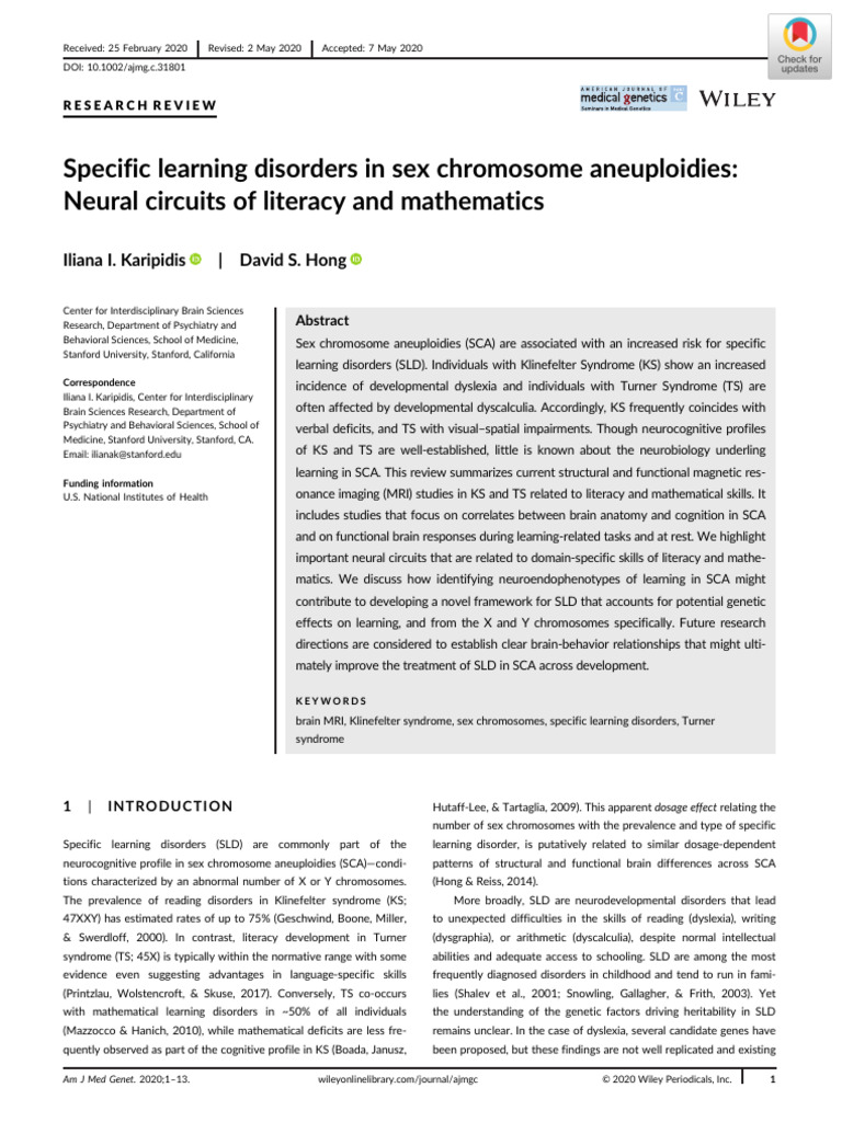 22 - Specific Learning Disorders in Sex Chromosome Aneuploidies Neural Circuits of Literacy and ...
