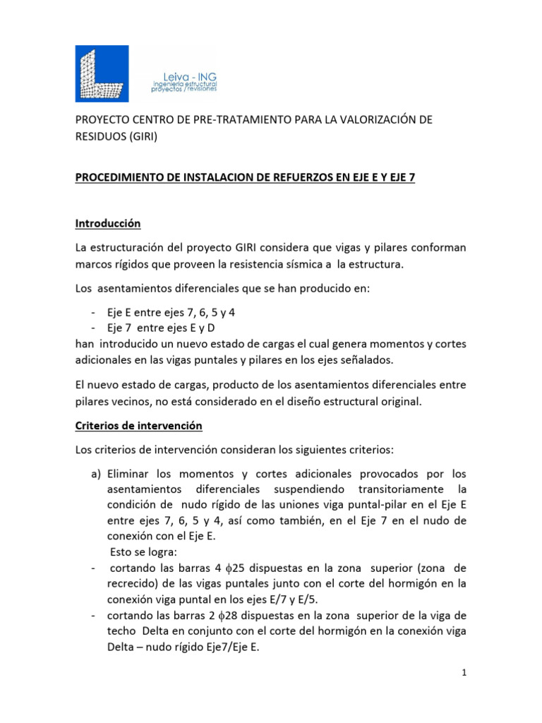 Proyecto GIRI PROCEDIMIENTO DE INSTALACION DE REFUERZOS EN EJE E Y EJE 7- V5 (1) (3) | PDF ...