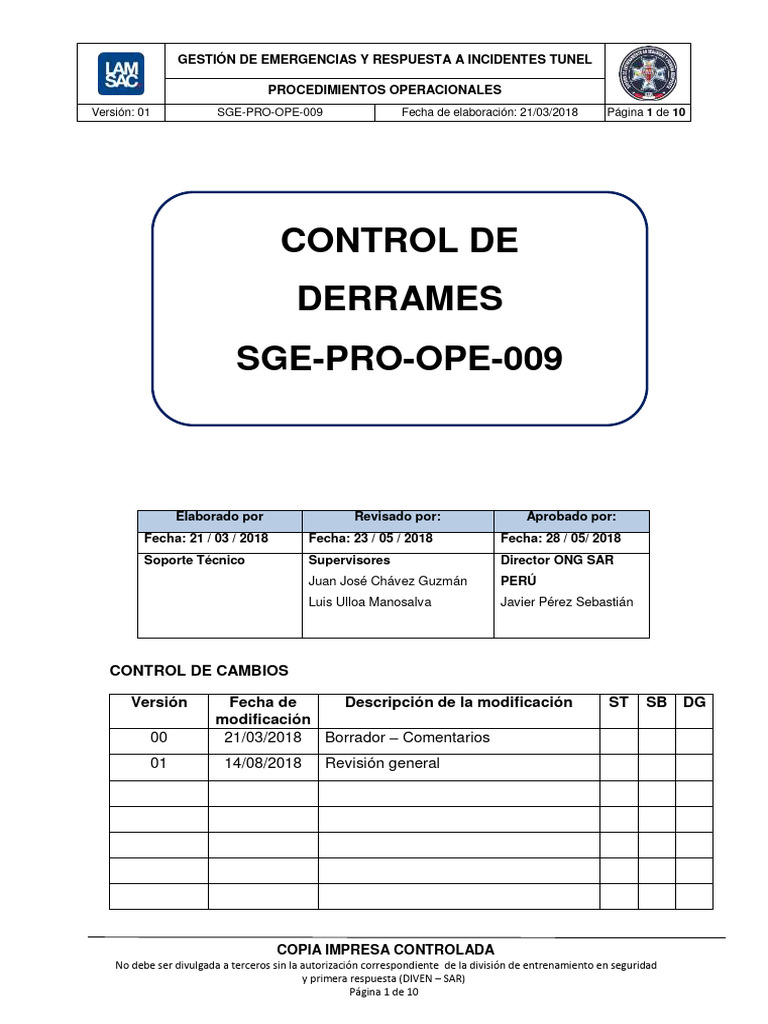 SGE-PRO-OPE-009 Control de Derrames | PDF | Materiales