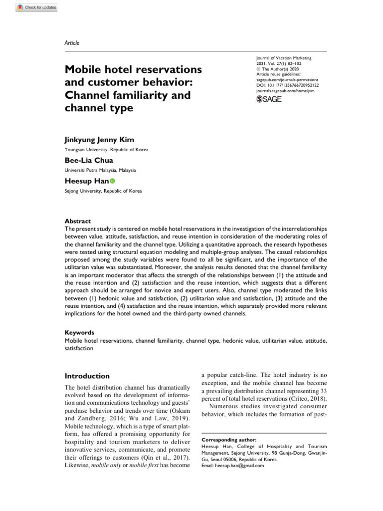 Kim Et Al 2020 Mobile Hotel Reservations and Customer Behavior Channel ... Kim Et Al 2020 Mobile Hotel Reservations and Customer Behavior Channel ...