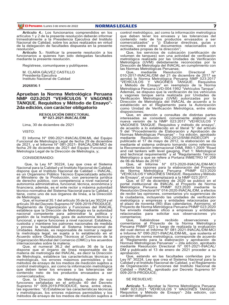 Aprueban La Norma Metrológica Peruana NMP 023:2021 "Vehículos Y Vagones ...