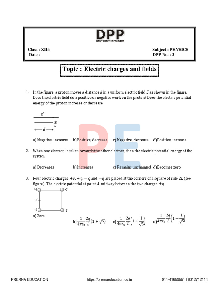 Electric Charges and Fields DPP 3 | PDF | Electric Field | Capacitance