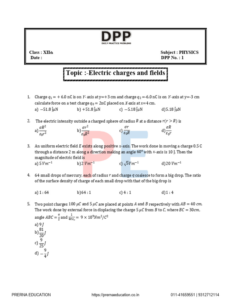 Electric Charges and Fields DPP Class 12 | PDF | Potential Energy ...