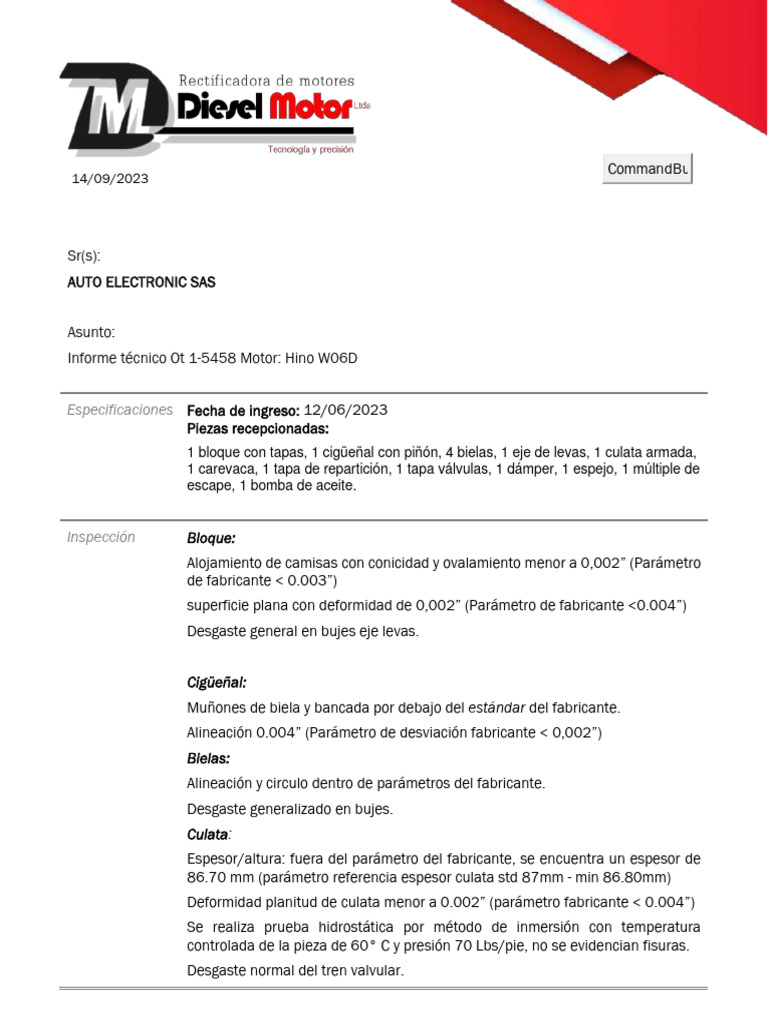 Informe Técnico OT 5458 Auto Electronic Hino | PDF | Motor de combustión interna | Máquinas