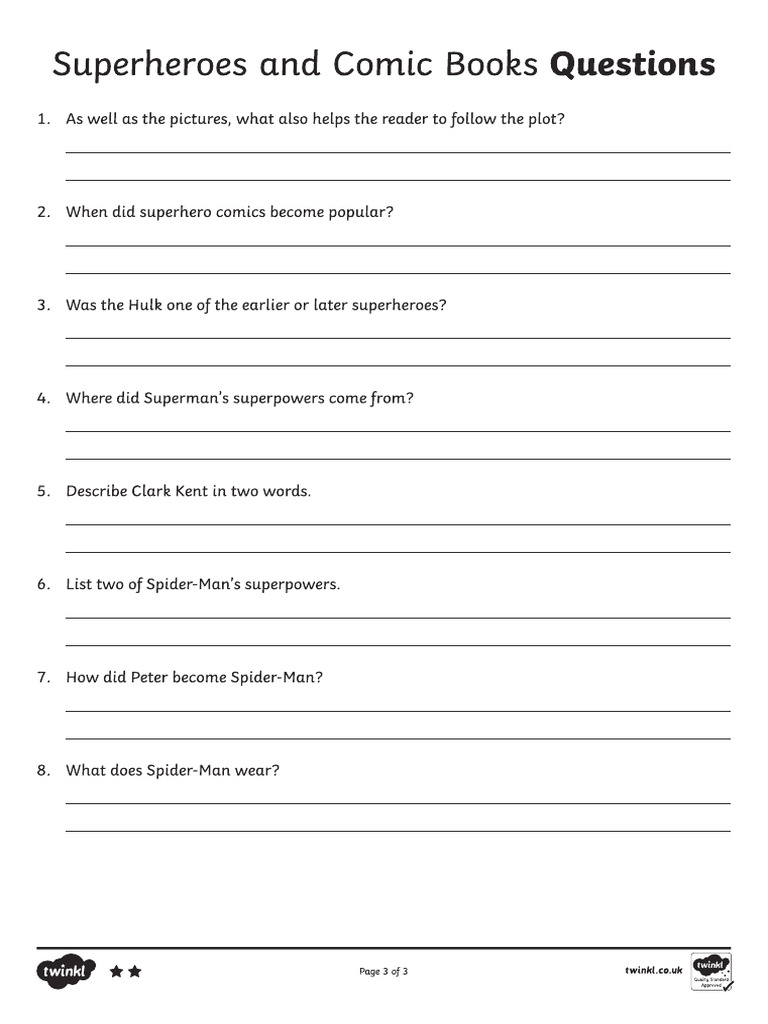 Comic Book Superheroes Reading Comprehension Questions | PDF