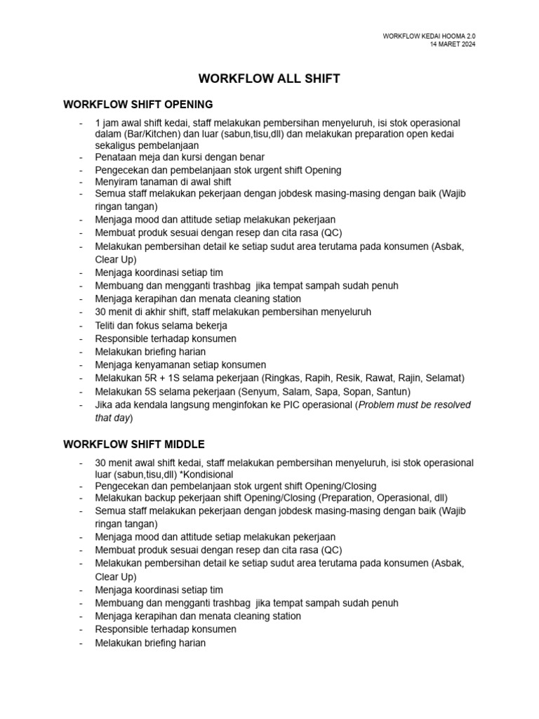 V2 Workflow Shift Opening, Middle, Closing | PDF