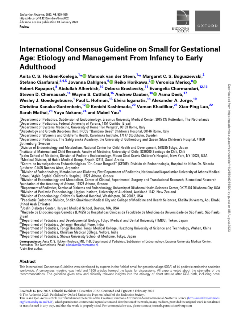 International Consensus Guideline On Small For Gestational Age: Etiology and Management From ...