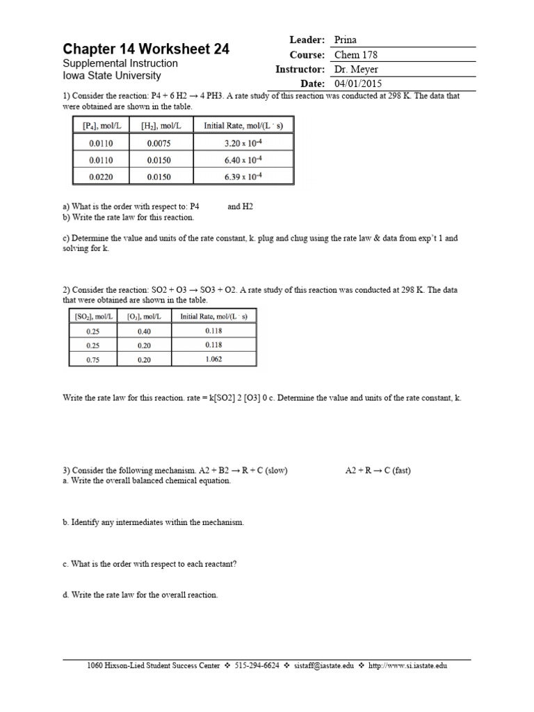 Chem 178 Rate Laws and Mechanisms Worksheet | PDF | Change | Unit Processes