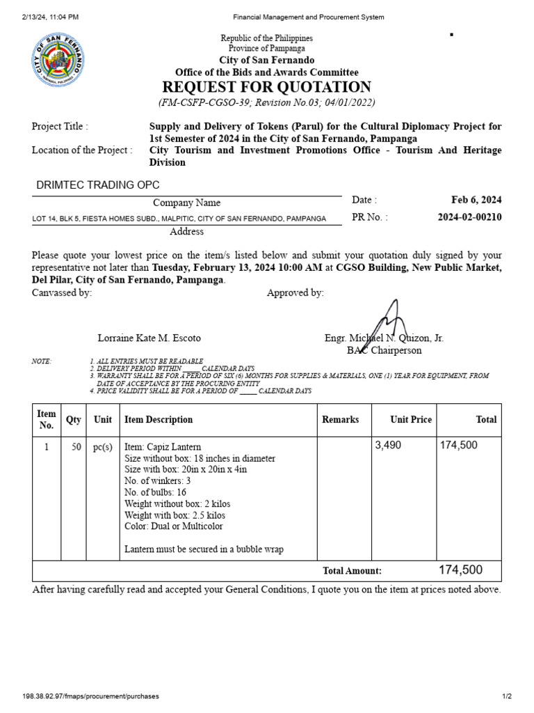 Request for Quotation: Capiz Lanterns | PDF