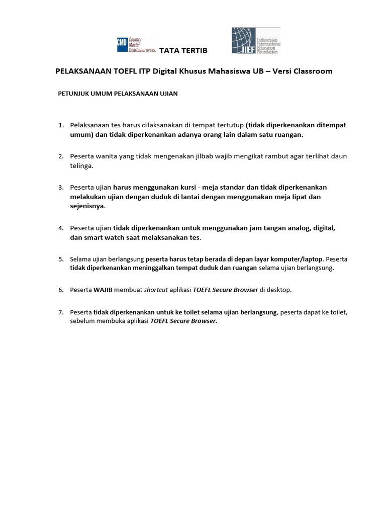 Tata Tertib TOEFL ITP Khusus Mhs UB (Classroom) | PDF | Karier ...