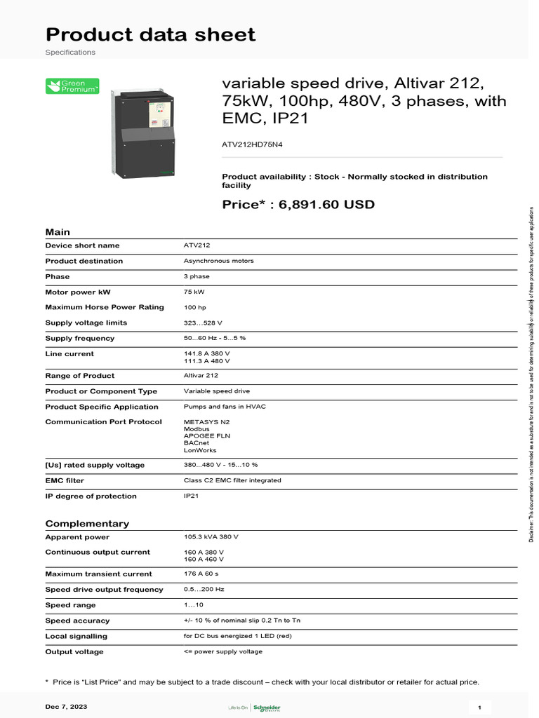 Altivar 212 75kW Variable Speed Drive | PDF | Electric Motor | Electrical Engineering