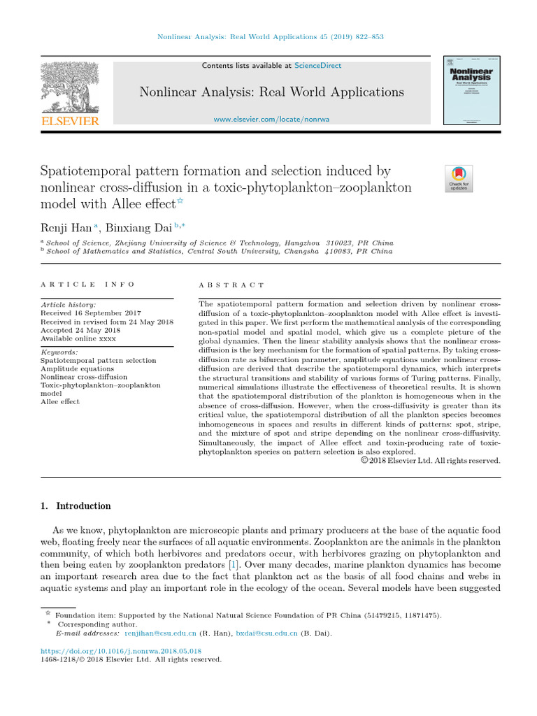 Spatiotemporal_pattern_formation_and_sel | PDF | Phytoplankton | Diffusion