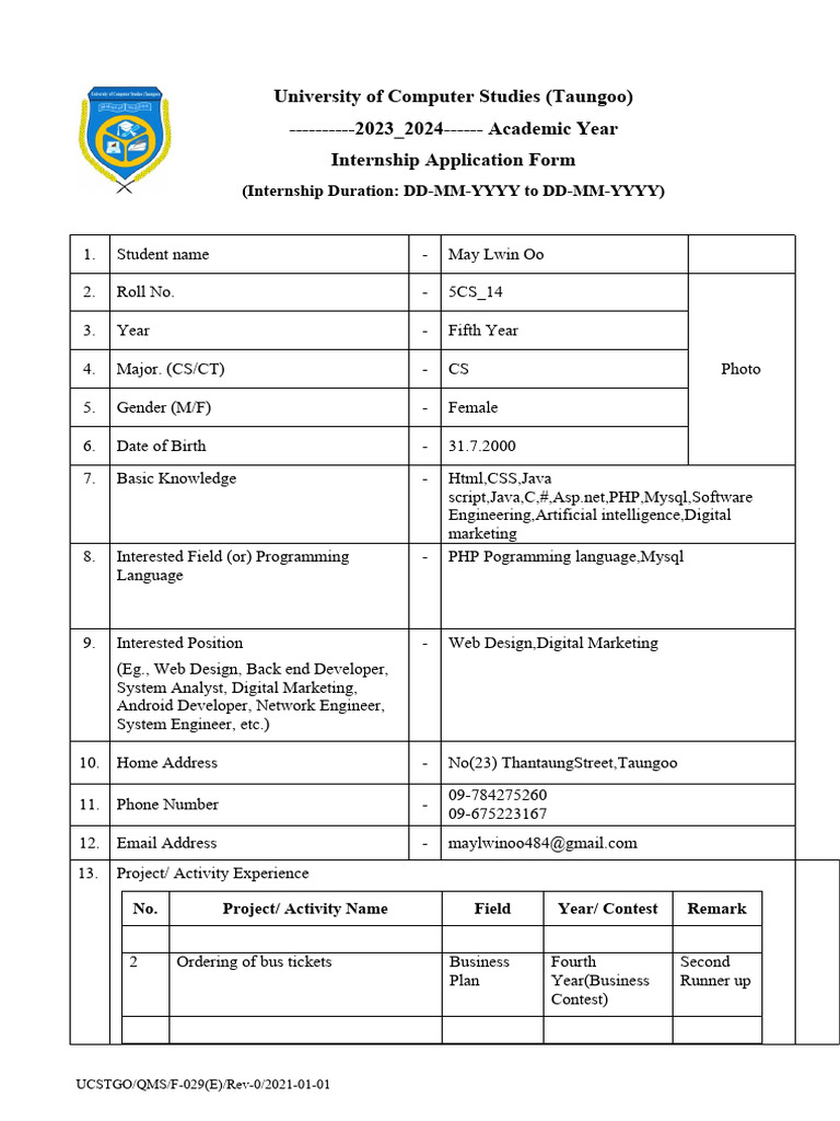 UCST Taungoo Internship Application 2023 | PDF