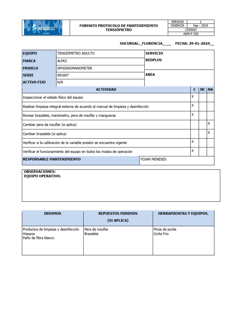 Protocolo de Mantenimiento Tensiómetro Adulto | PDF | Tecnología
