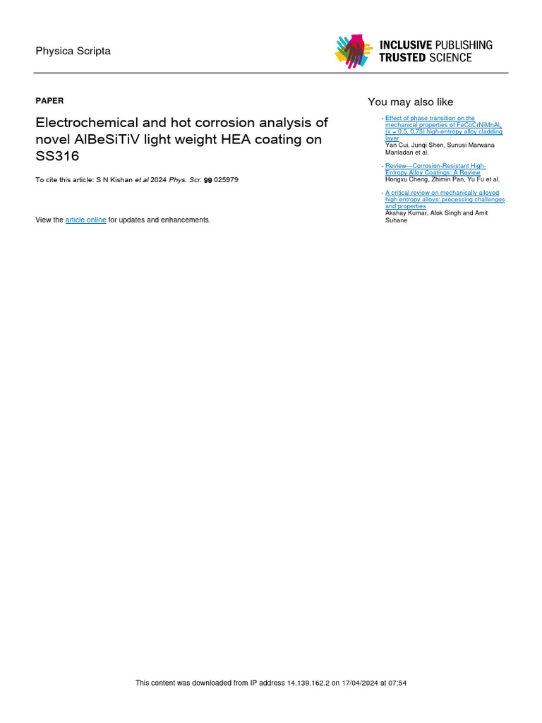 Kishan 2024 Phys. Scr. 99 025979 | PDF | Corrosion | Stainless Steel
