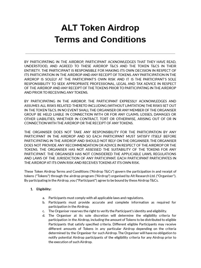 Token Airdrop Terms and Conditions | PDF | Indemnity | Cryptocurrency
