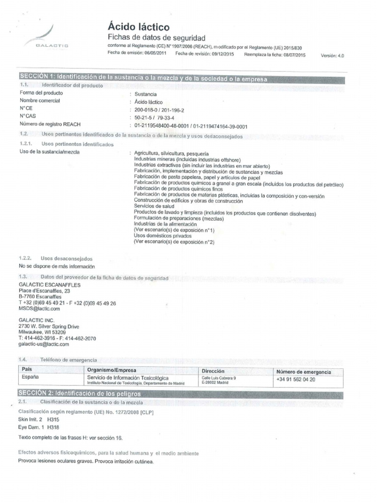 MSDS Acido Lactico | PDF