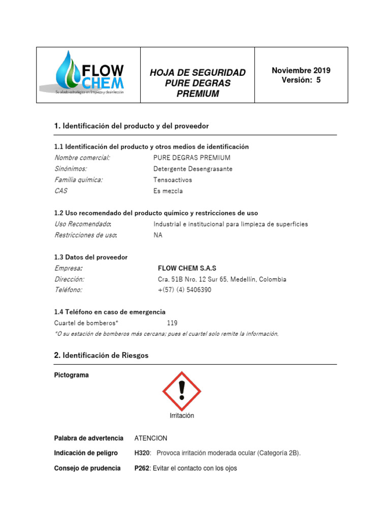 FDS Detergente Desengrasante PUREDEGRAS (Flowchem) | PDF | Agua | Contaminación