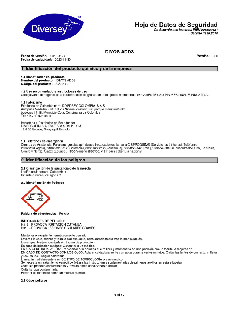 FDS DIVOS ADD3 (Diversey) | PDF | Sal (química) | Agua