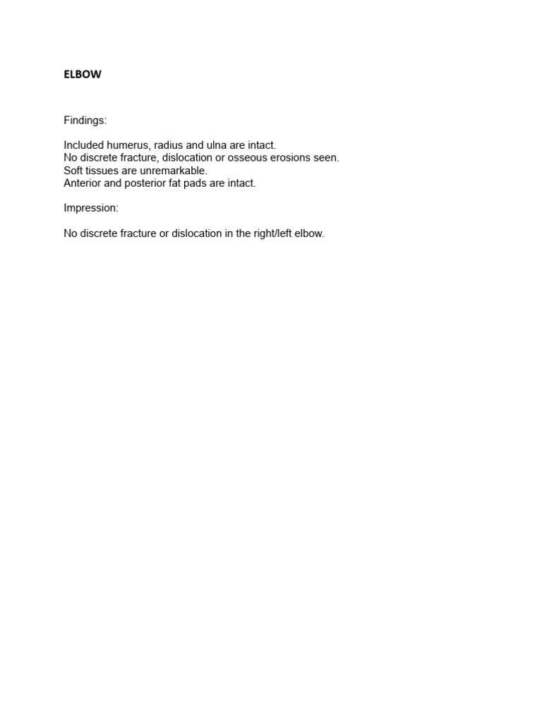 Elbow Imaging Report: No Fractures Found | PDF