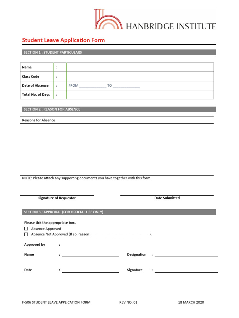 TEMPLATE-Student Leave Application Form | PDF