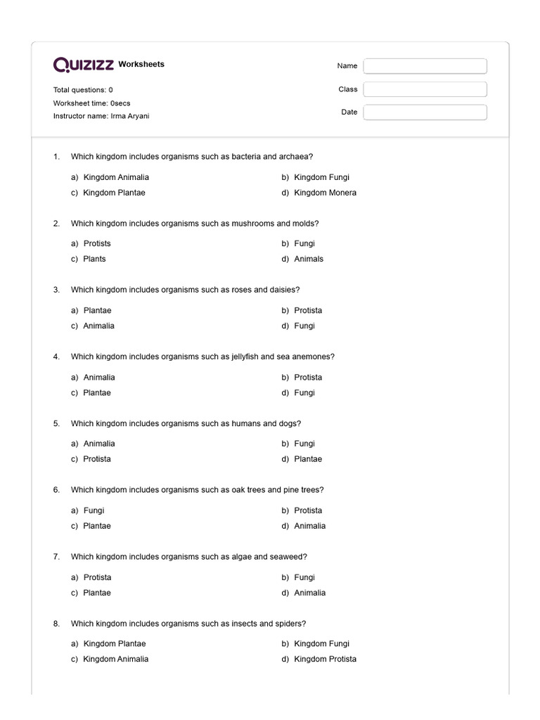 Classification of Living Things Quiz - Quizizz | PDF | Organisms | Zoology