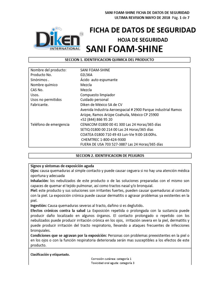 Ficha de Seguridad Sani Foam-Shine | PDF | Quemar | Amonio