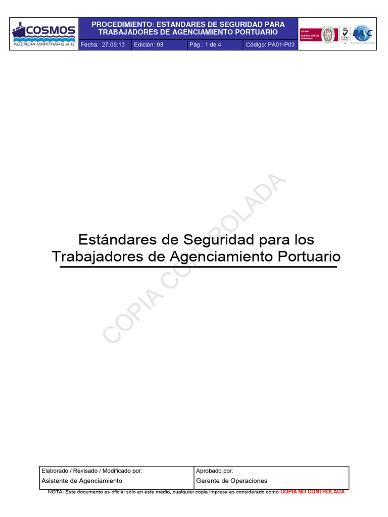 PA01-P03.Estandares de Segu. Trab. Agen - Port | PDF