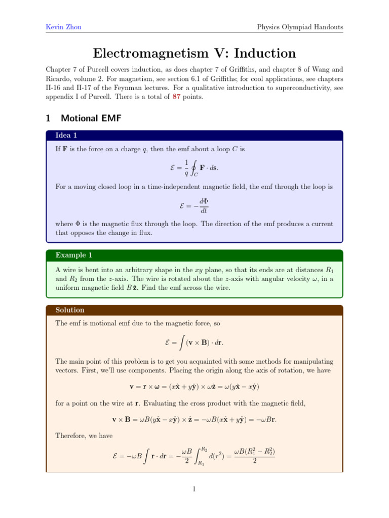Electromagnetism V: Induction: 1 Motional EMF | PDF | Inductance | Magnetic Field