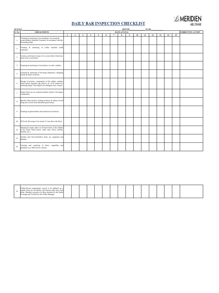 Daily Bar Inspection Checklist | PDF | Drink | Juice