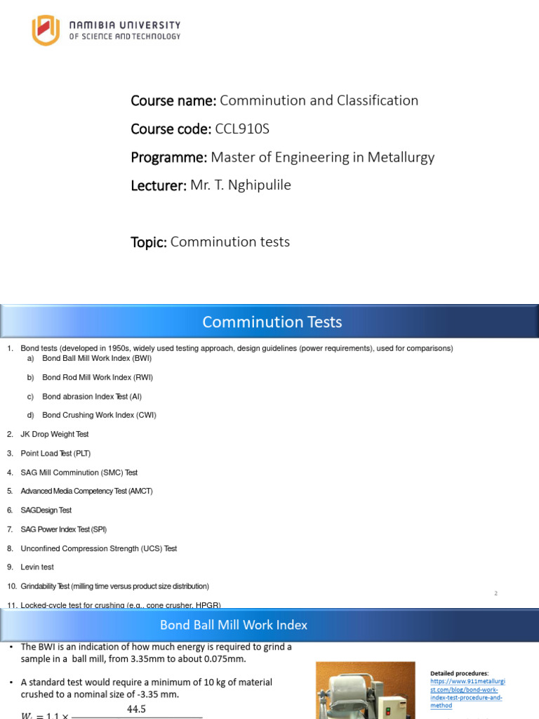 CCL910S - Lectures 2 & 3 - 05 & 06 April 2024 - Comminution Tests | PDF ...
