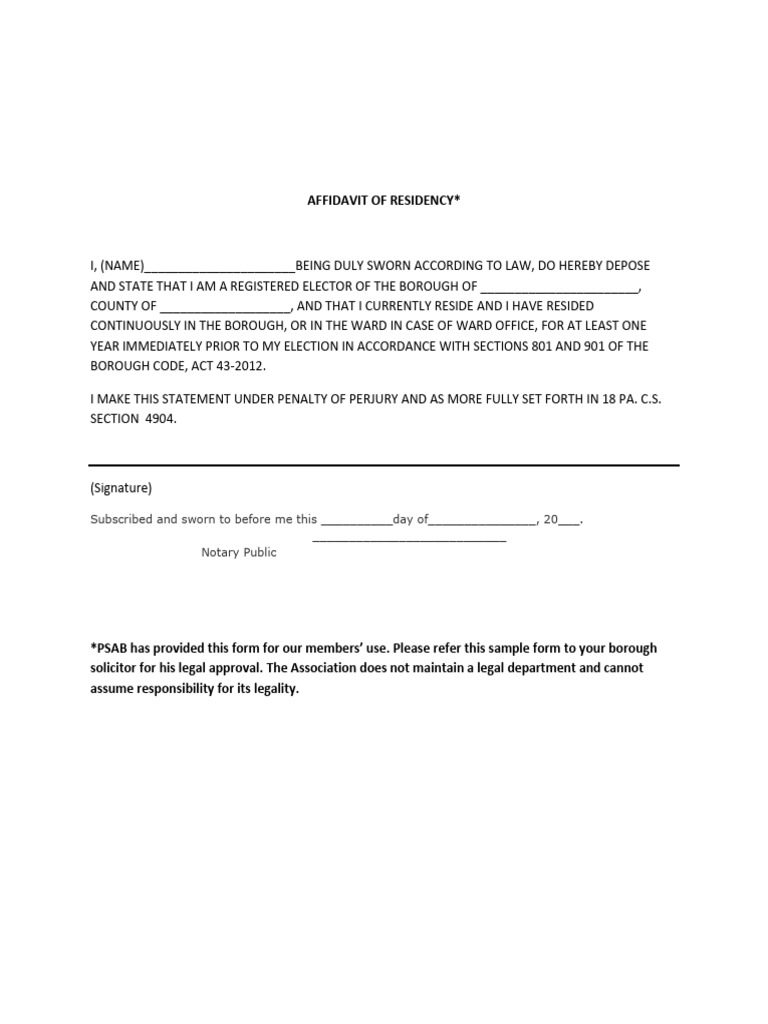 Printable Affidavit of Residency Form | PDF
