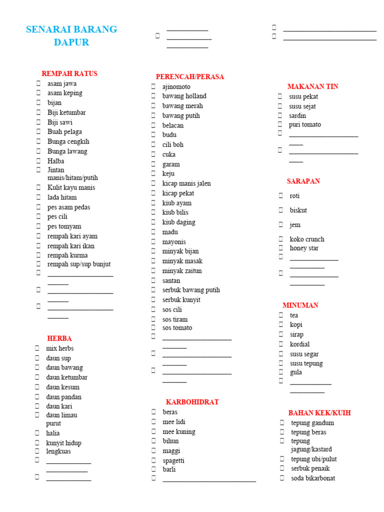 SENARAI BARANG DAPUR - Groceries List - Docx Version 1 | PDF